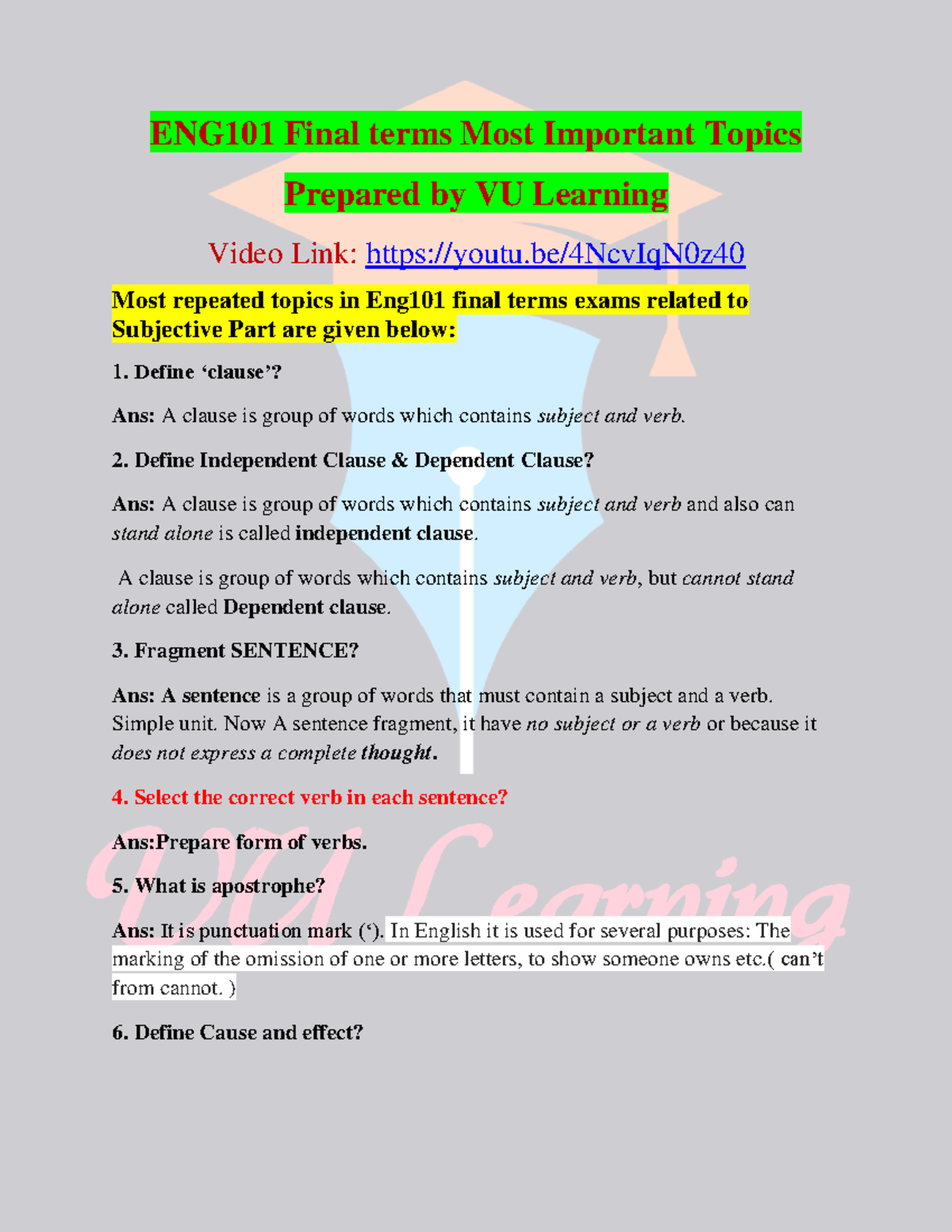 ENG101 Final Exam Key Concepts and Important Topics by VU Learning - Studocu