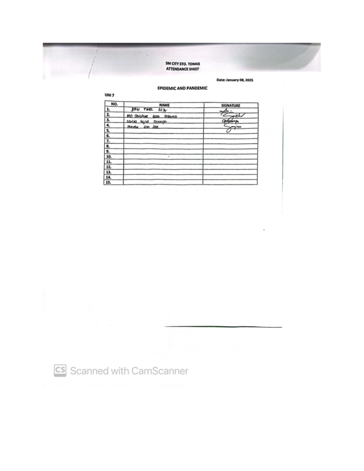 SM CITY STO. TOMAS ATTENDANCE SHEET - EPIDEMIC & PANDEMIC - Studocu