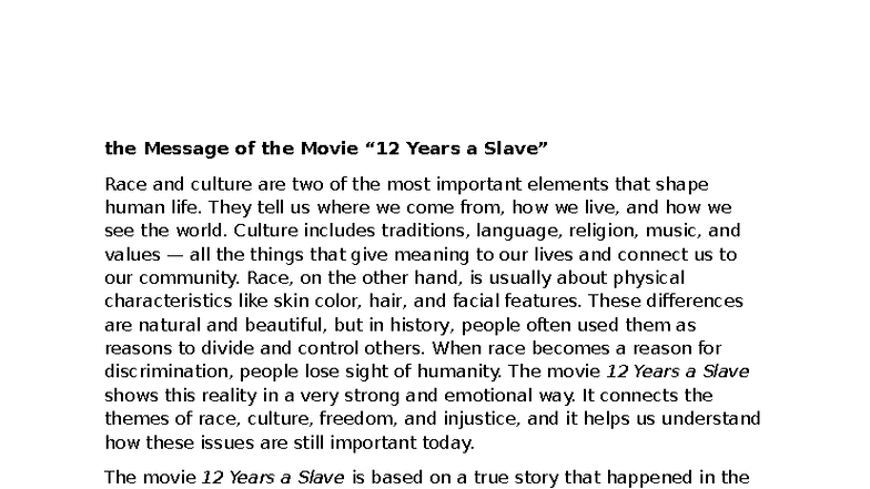 12 Years a Slave: Race, Culture, and Injustice Analysis (Hjelpe ark ...