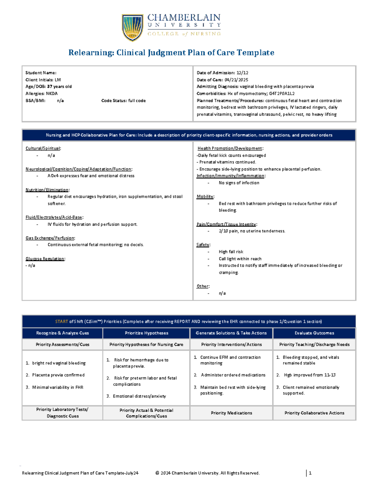 Relearning Clinical Judgment Plan of Care Template for Client with ...