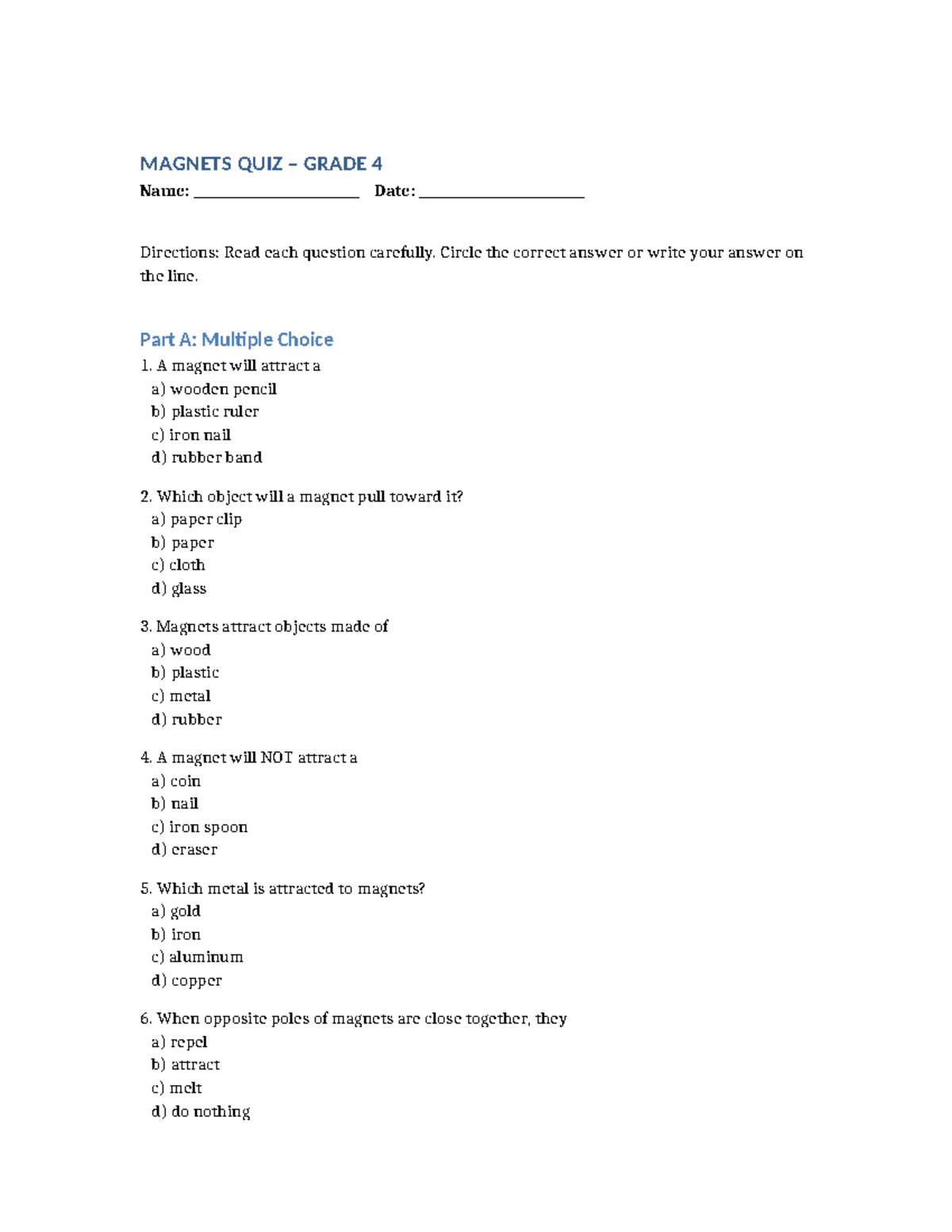 Grade 4 Magnets Quiz - FORMATIVE Assessment - Studocu