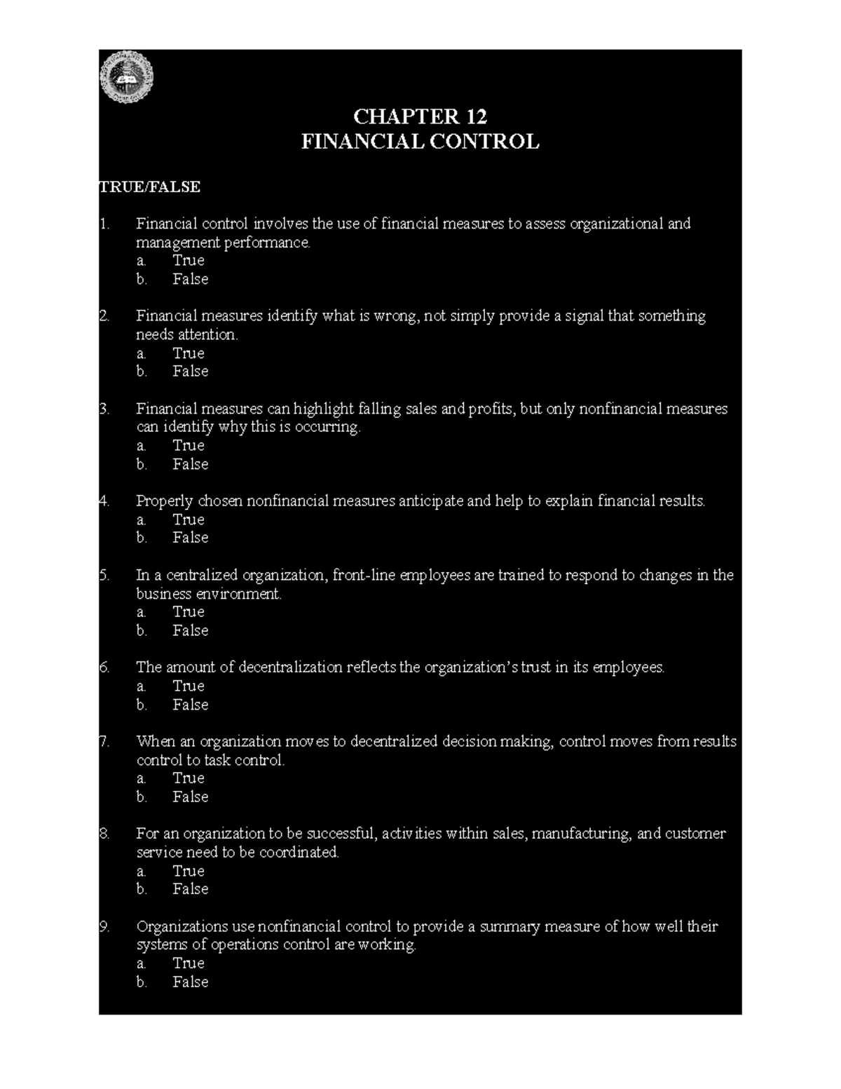 CHAP 12 - MANAGEMENT ACCOUNTING PRACTICE TEST CHAPTER 12 - CHAPTER 12 ...