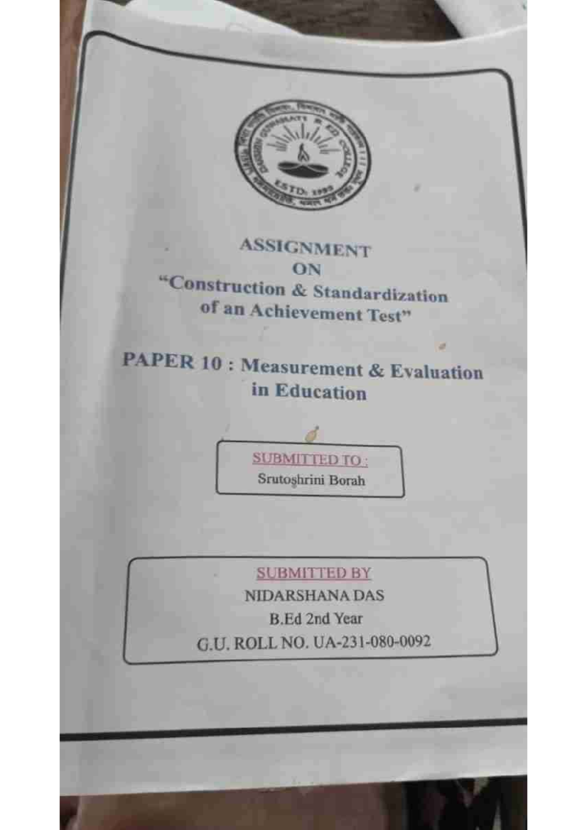 B.Ed 2nd Year Assignment: Blueprint for Measurement Evaluation - Studocu