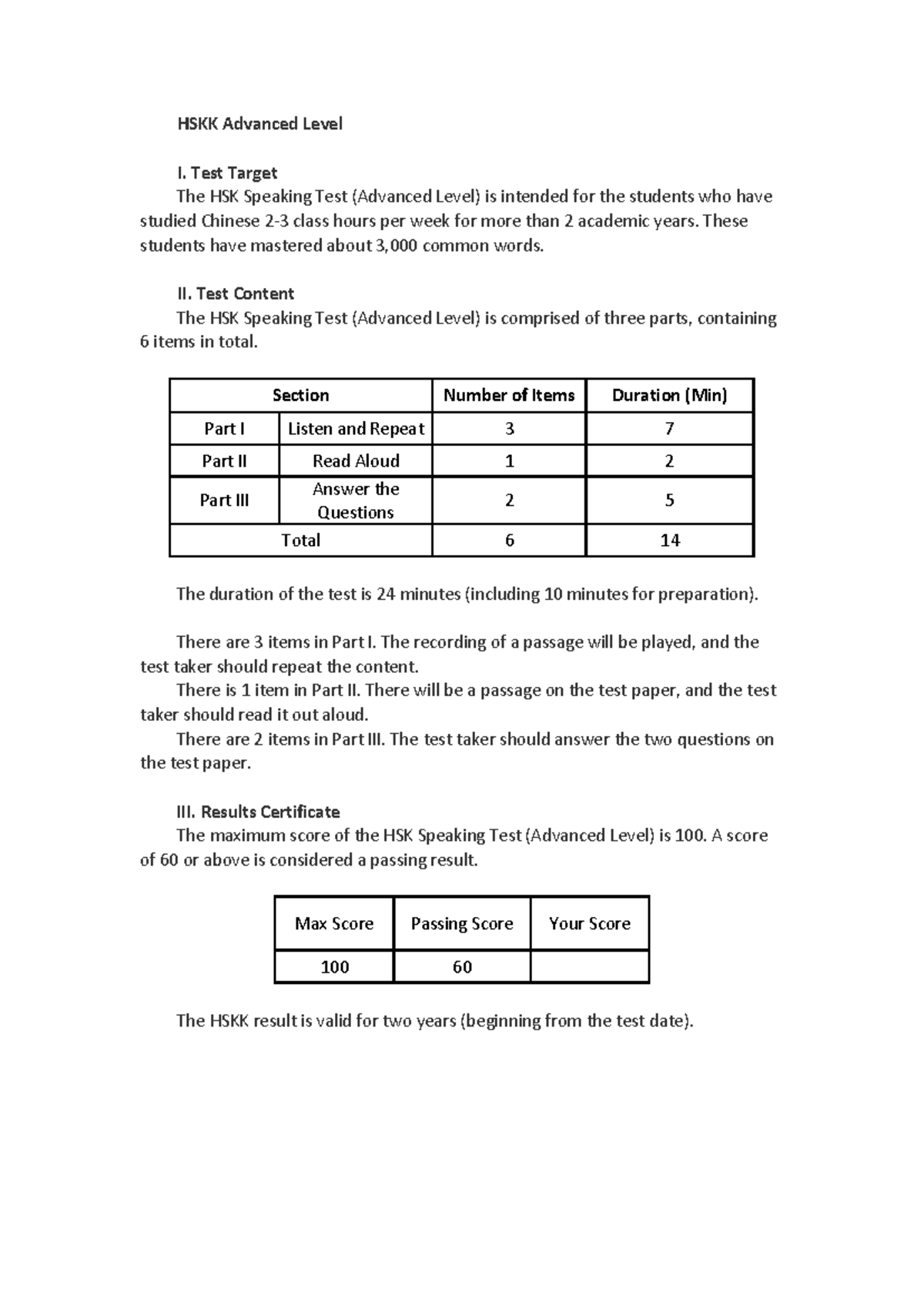 HSKK Advanced Level I: Speaking Test Guide and Requirements - Studocu