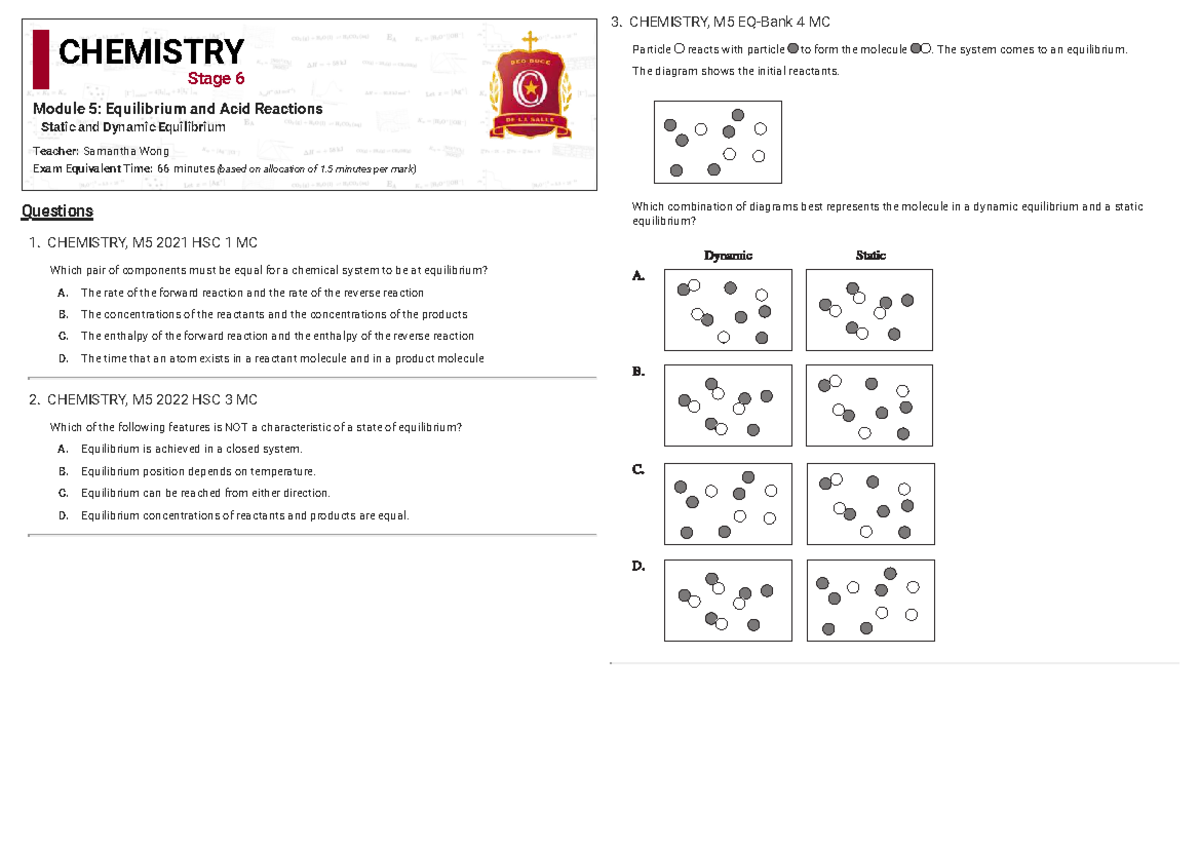M5 Chemistry Stage 6: Equilibrium & Acid Reactions Exam Questions - Studocu