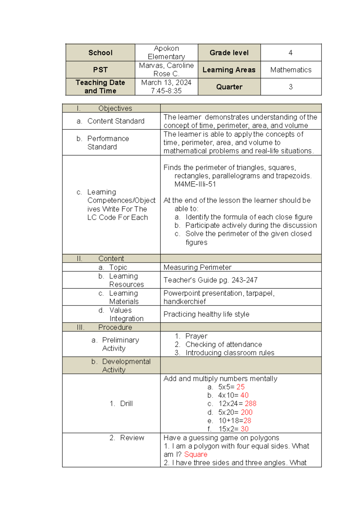 Grade 4 Math Lesson Plan: Measuring Perimeter (PST) - Studocu