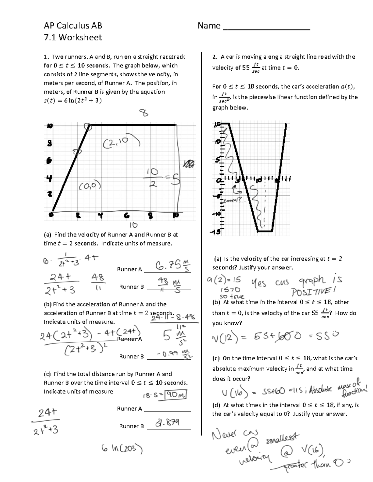 AP Calculus AB 7.1 Worksheet: Velocity & Acceleration Analysis - Studocu