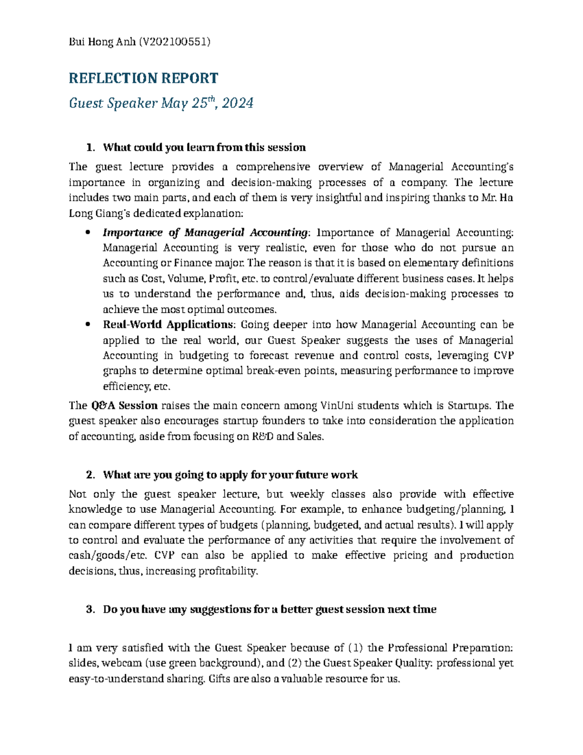 Reflection Report on Guest Speaker: Insights on Managerial Accounting ...