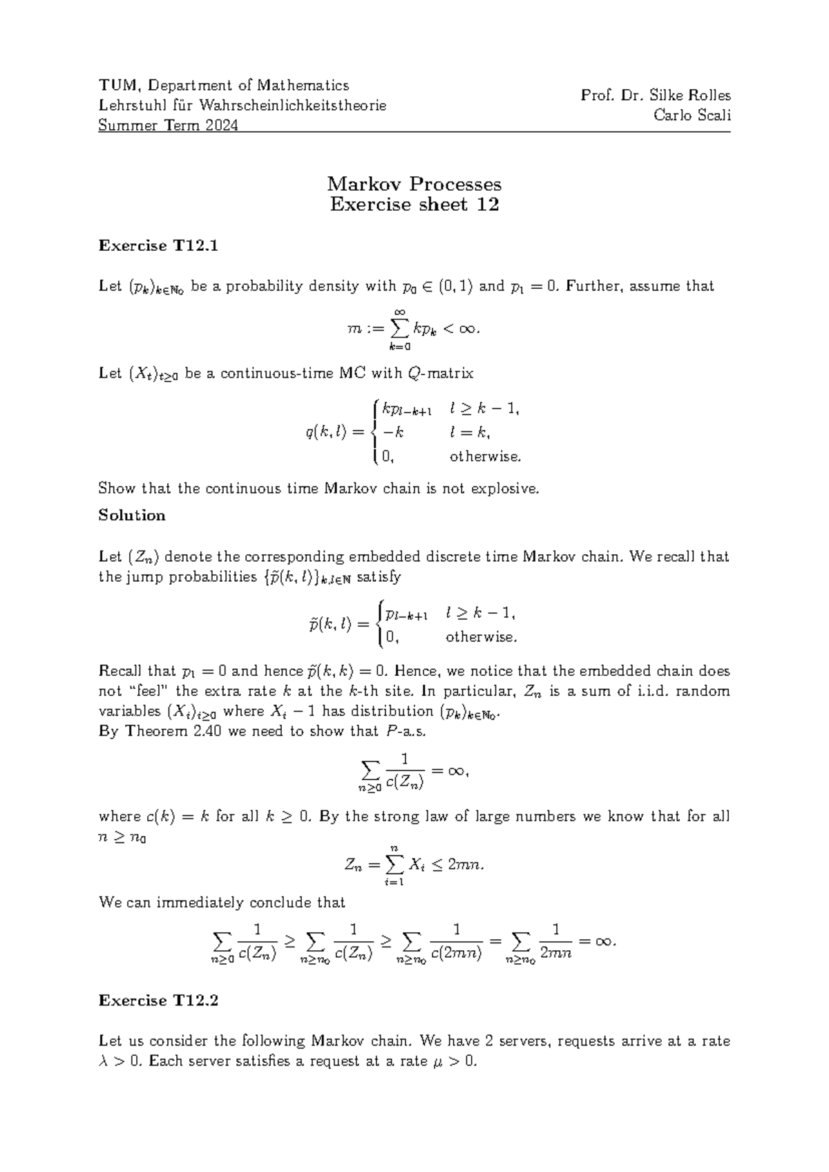 TUM Mathematics: Final Exam Problem Sheet 12 Solutions - Markov ...
