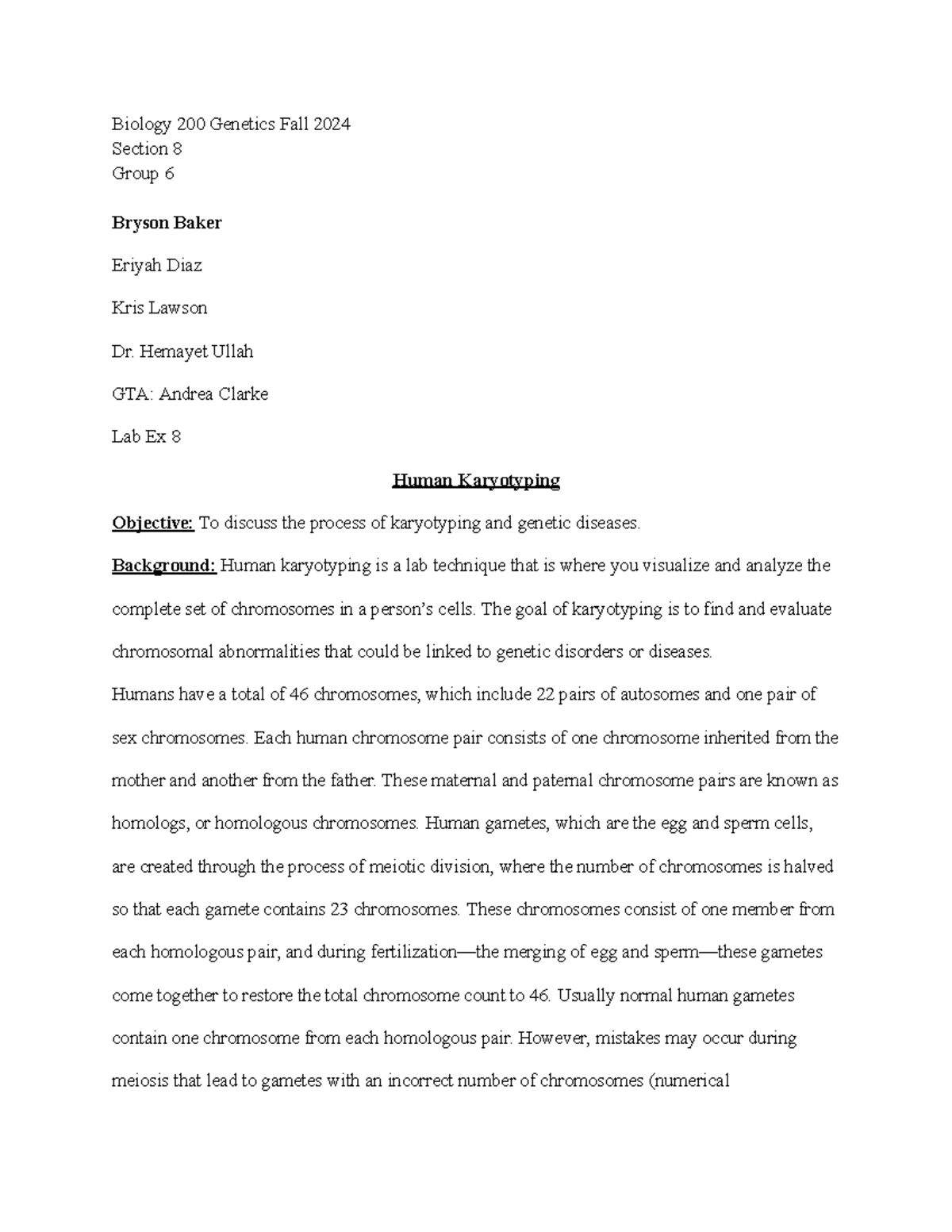 Lab Report: Human Karyotyping in Biology 200 Genetics (Fall 2024) - Studocu