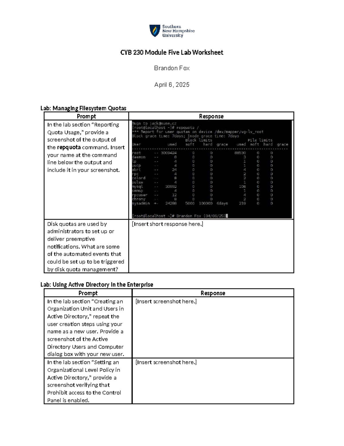 CYB 230 Module 5 Lab Worksheet: Filesystem Quotas & Active Directory ...