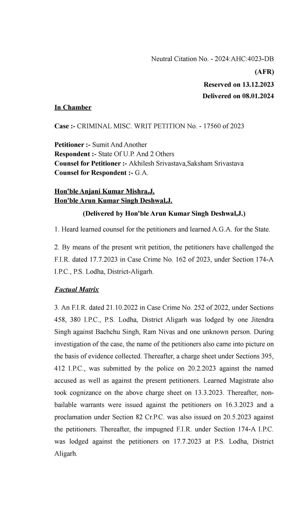 **Case Study: Sumit & Another vs. State of UP - Allahabad HC Criminal ...