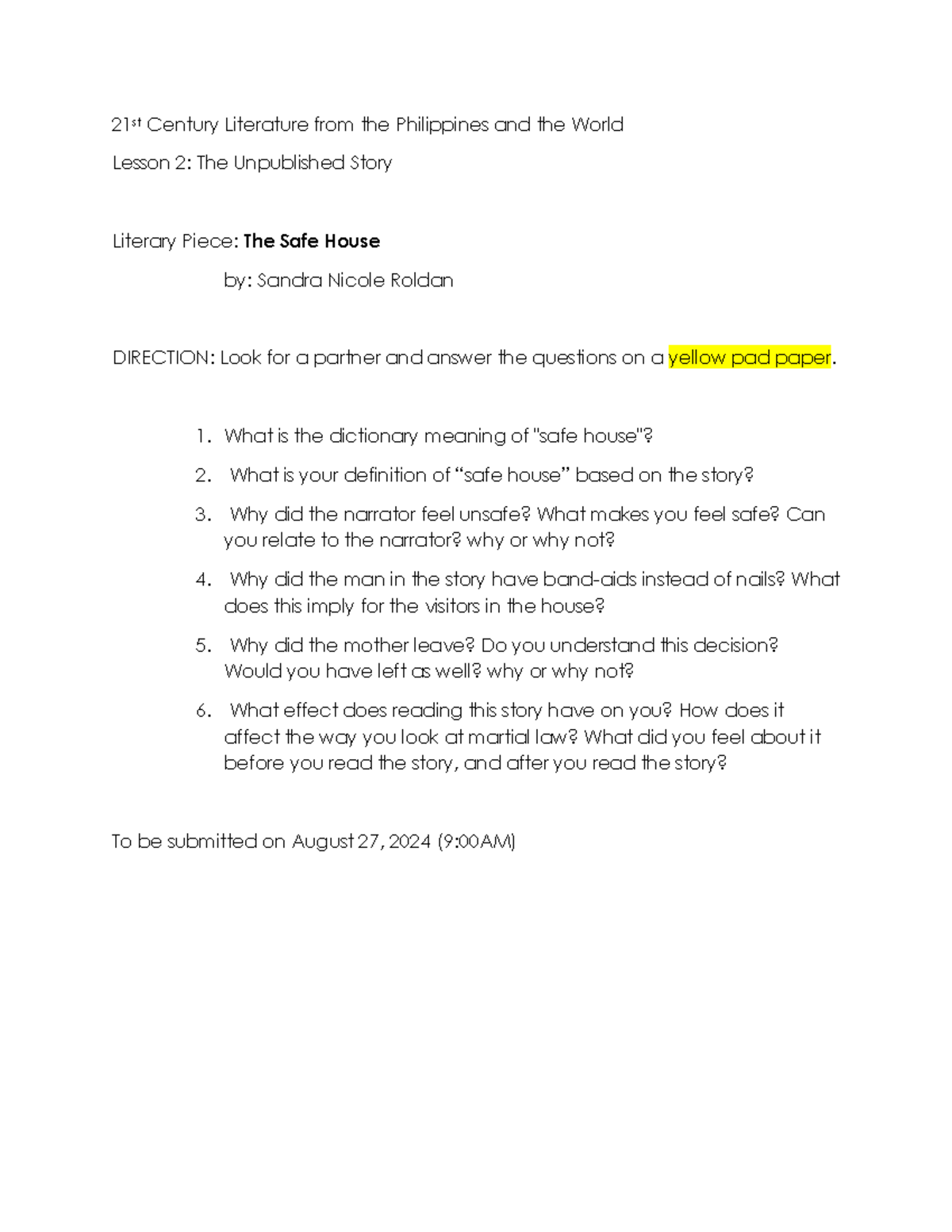 21st Century Literature (Activity): Lesson on "The Safe House" - Studocu