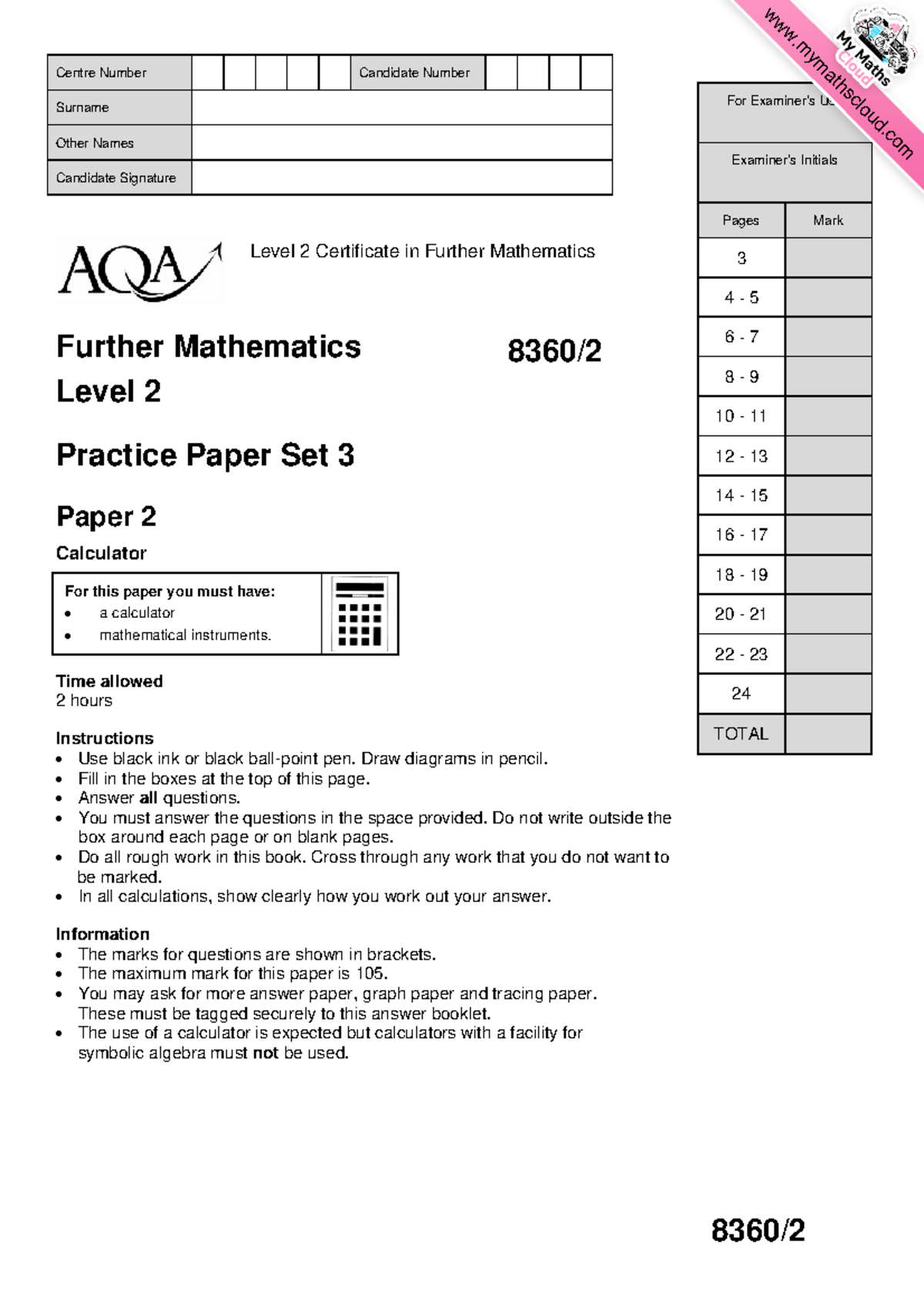 Further Maths Level 2 Practice Paper Set 3 - Paper 2 (8360) - Studocu