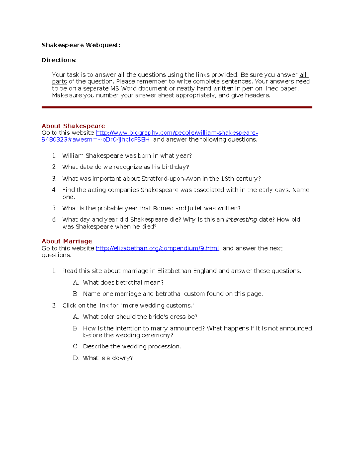 Shakespeare Webquest: Exploring the Bard's Life and Times - ENG 101 ...