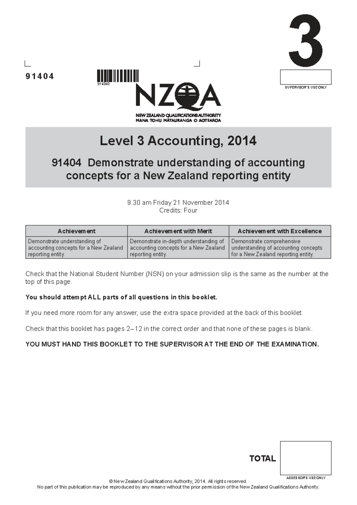 Accounting 91404 Final Exam 2014: Understanding NZ Reporting Entity ...