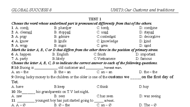 GLOBAL SUCCESS 8 UNIT 5: Our Customs and Traditions Practice Test - Studocu