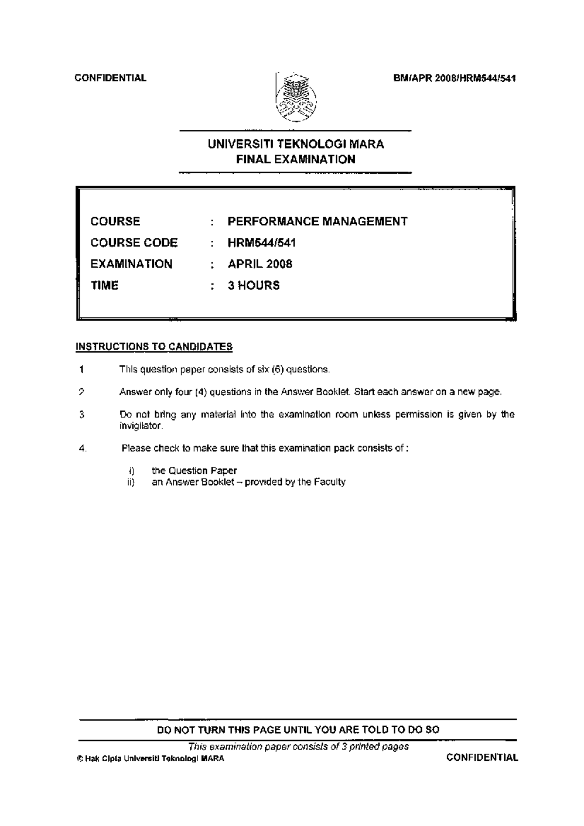 HRM544 Final Exam Paper: Performance Management - April 2008 - Studocu