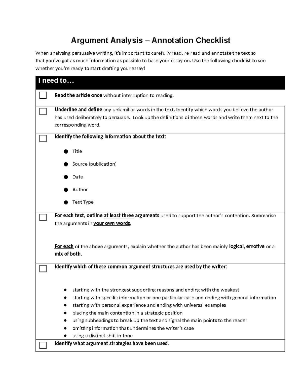 Argument A - Annotation Checklist for Persuasive Writing Analysis - Studocu
