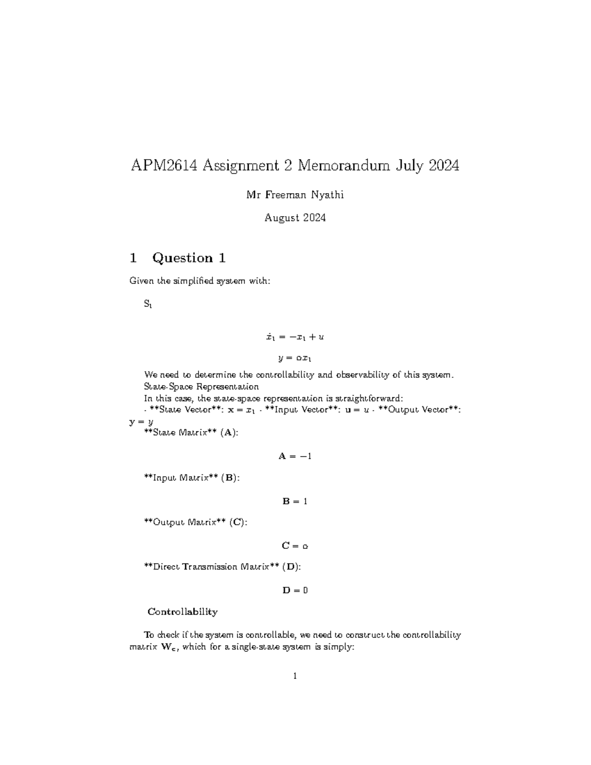 APM2614 Assignment 2: Controllability & Observability Analysis - Studocu