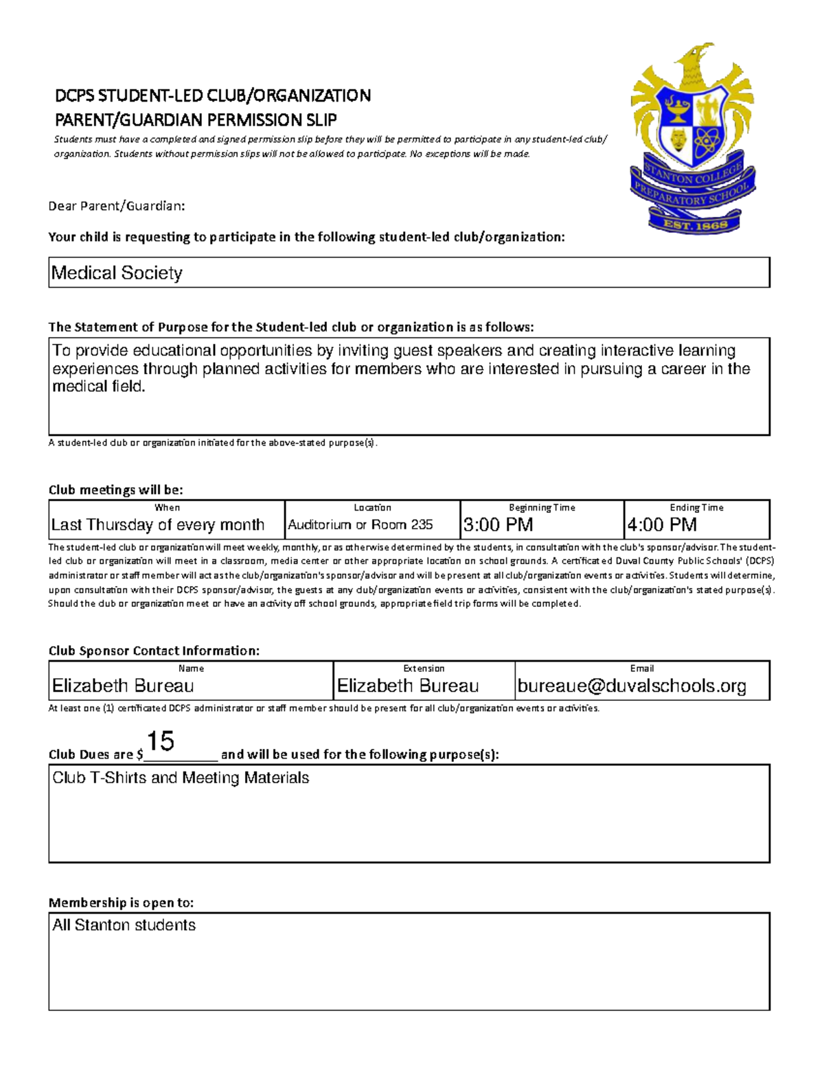 DCPS Medical Society Permission Slip for Student Participation - Studocu