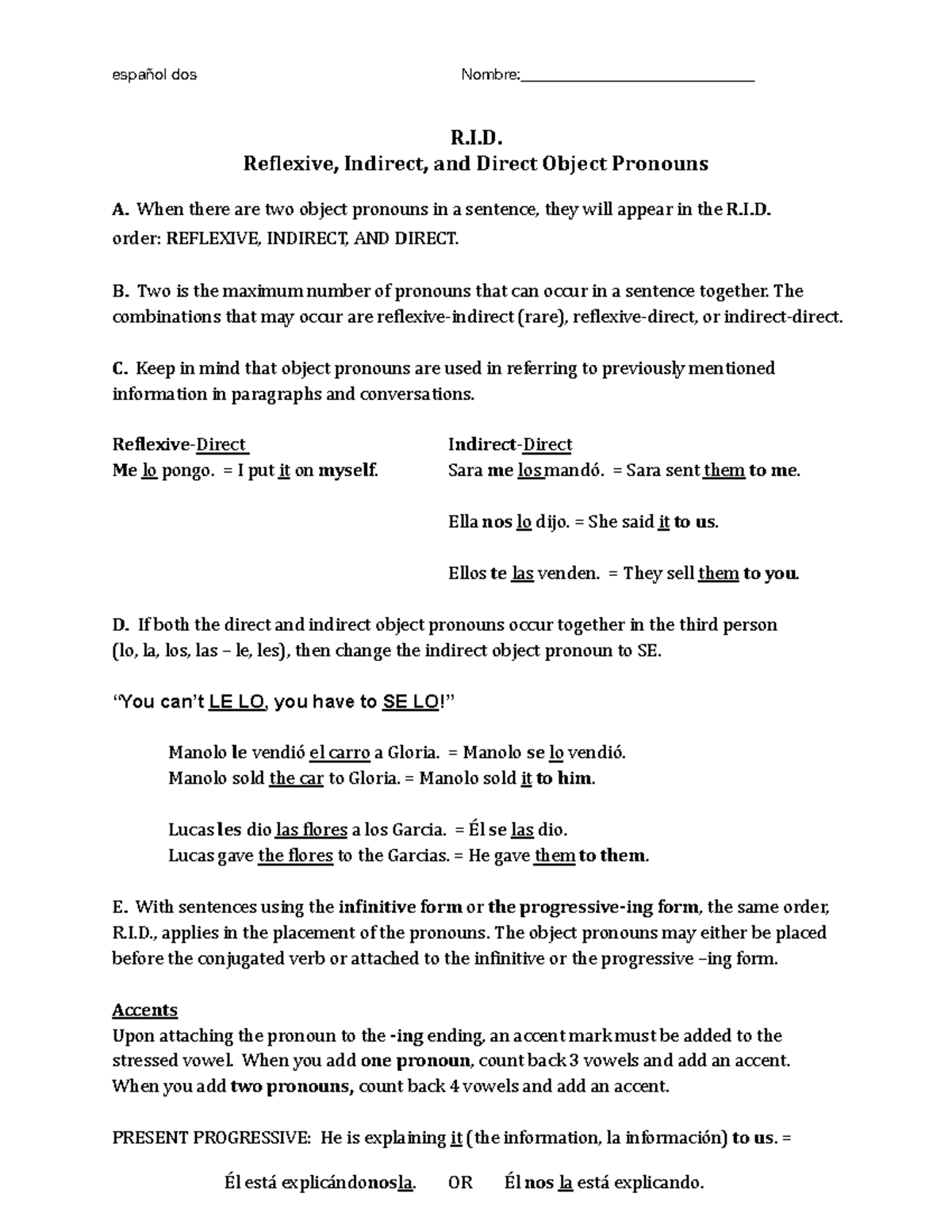 ESP 2H Unidad 5 Apuntes: Reflexive, Indirect, & Direct Pronouns - Studocu
