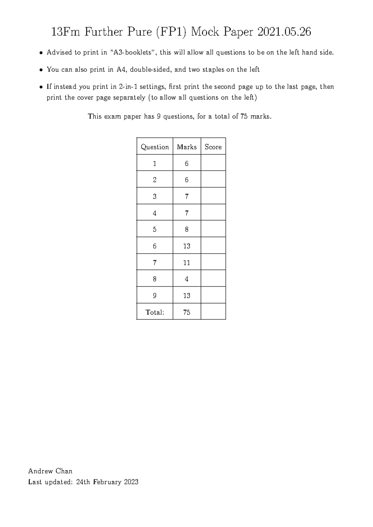 13Fm Further Pure (FP1) Mock Exam Paper - 26 May 2021 - Studocu