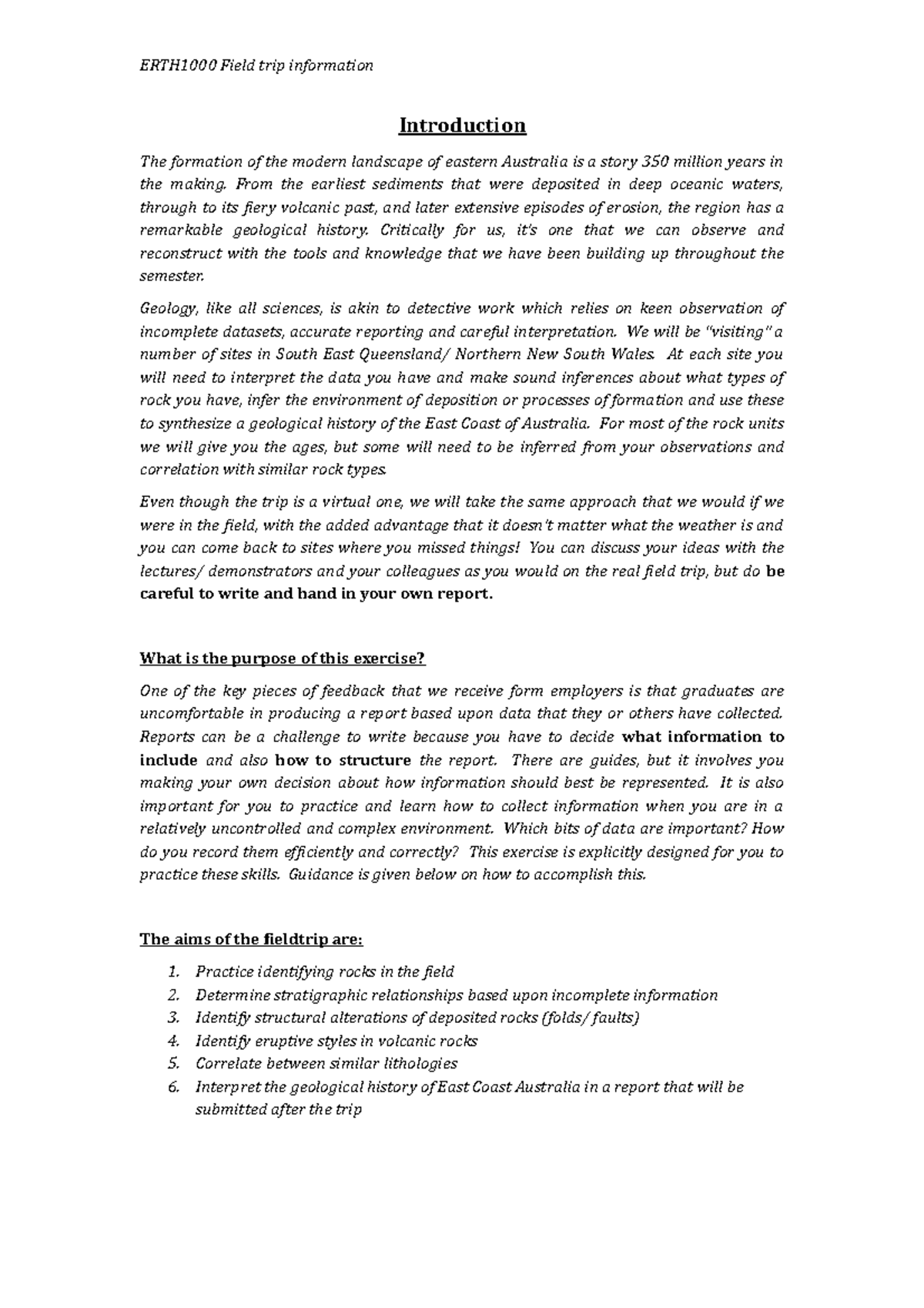 ERTH1000 Virtual Field Trip Report Guidance 2021 - Studocu
