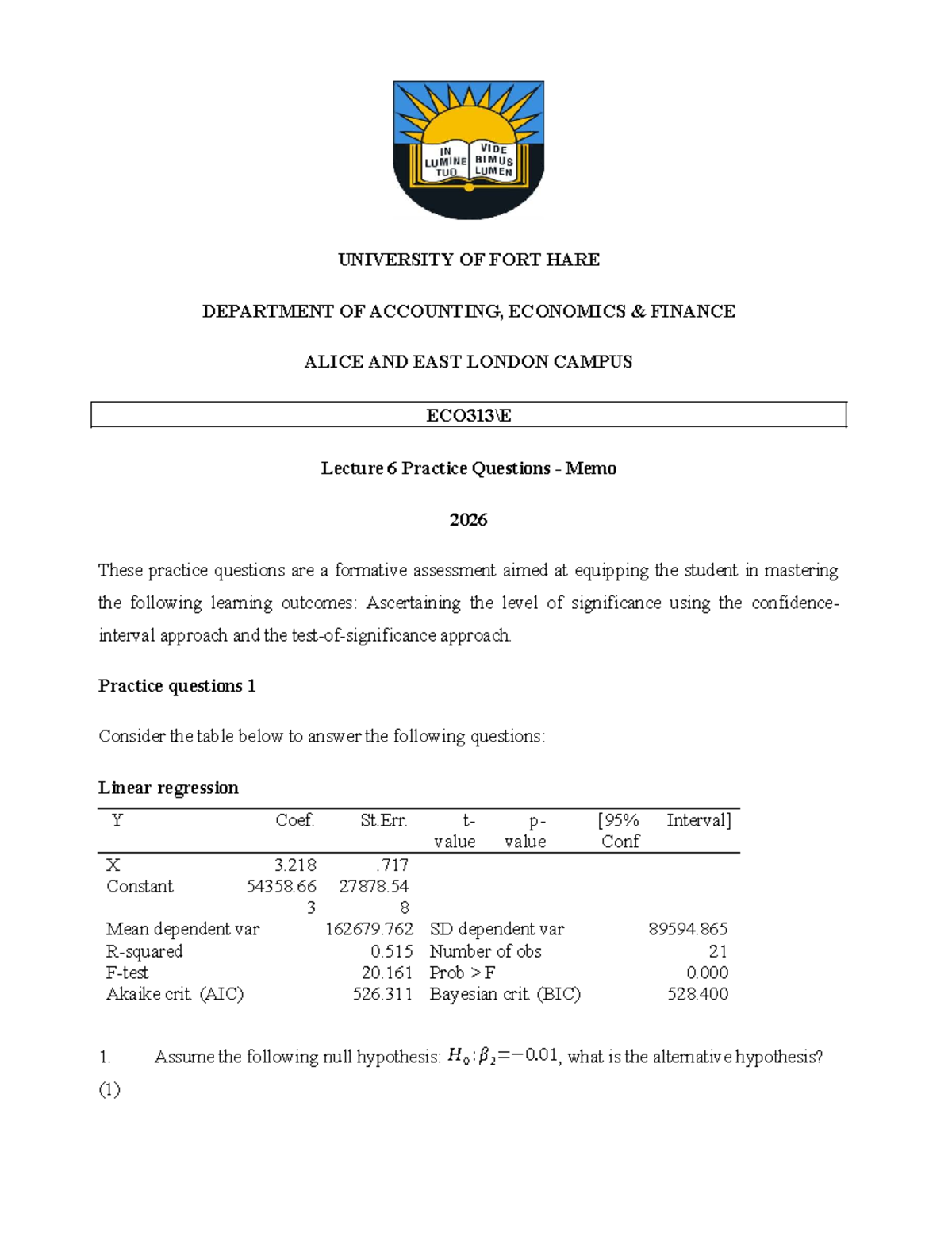 Lecture 6 Practice Questions Memo - ACC 2026 - Studocu