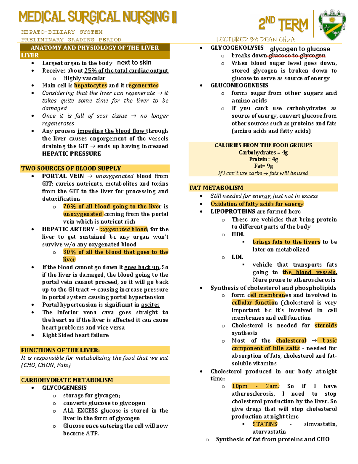 MEDICAL SURGICAL NURSING II: HEPATOBILIARY SYSTEM PRELIMINARY NOTES ...