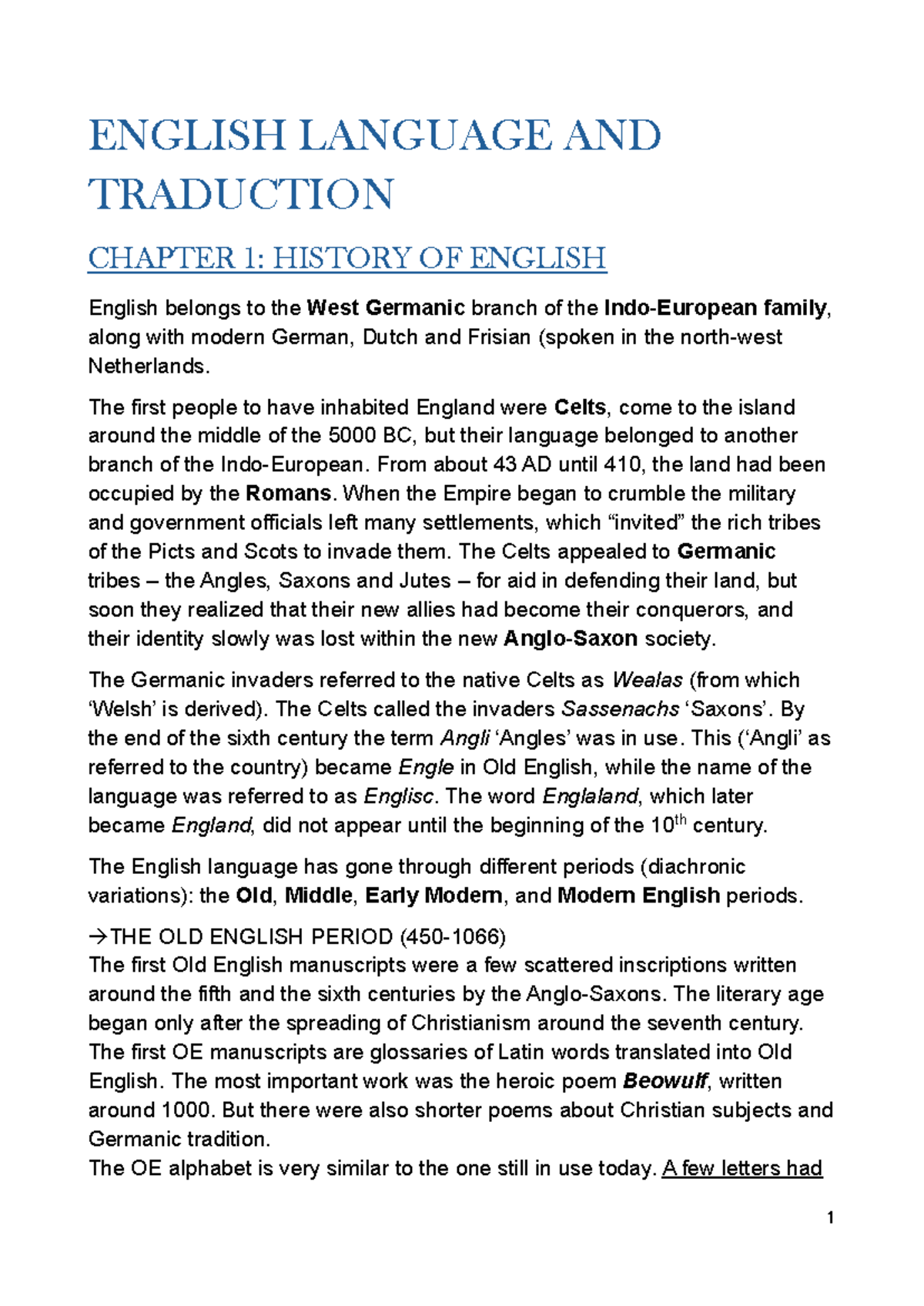 ENGLISH LANGUAGE AND TRANSLATION CHAPTER 1: HISTORY OF ENGLISH - Studocu