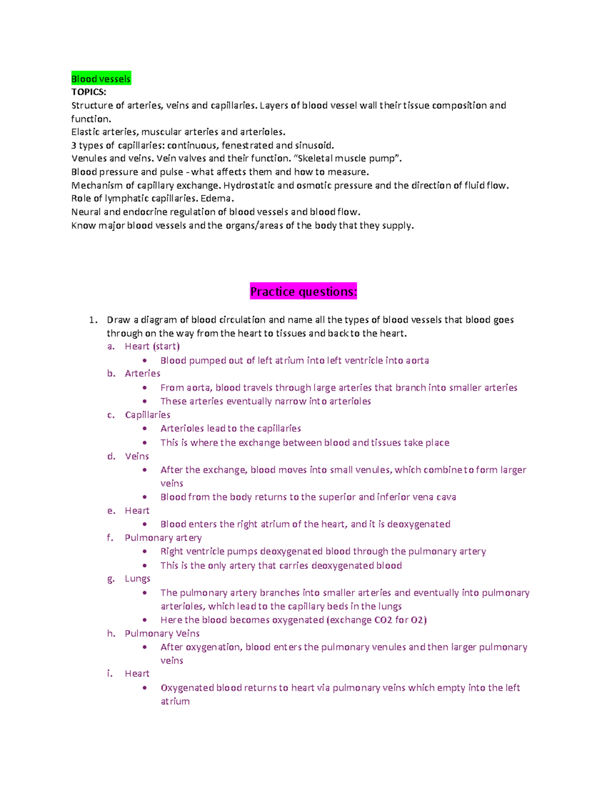 Blood vessels study guide-Su17 - Blood vessels TOPICS: Structure of ...