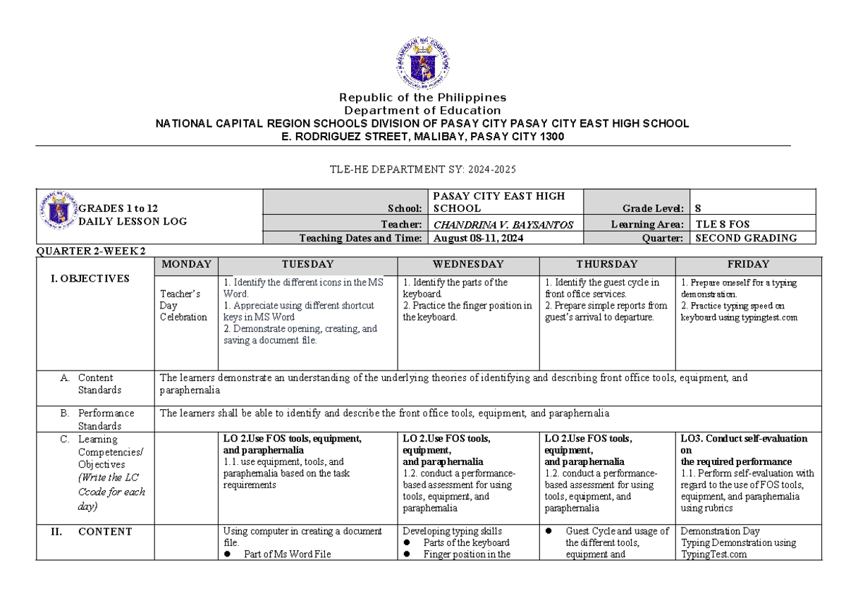 DLL-WEEK 2 - FOS - DAILY LESSON LOG FOR FRONT OFFICE SERVICES - Studocu