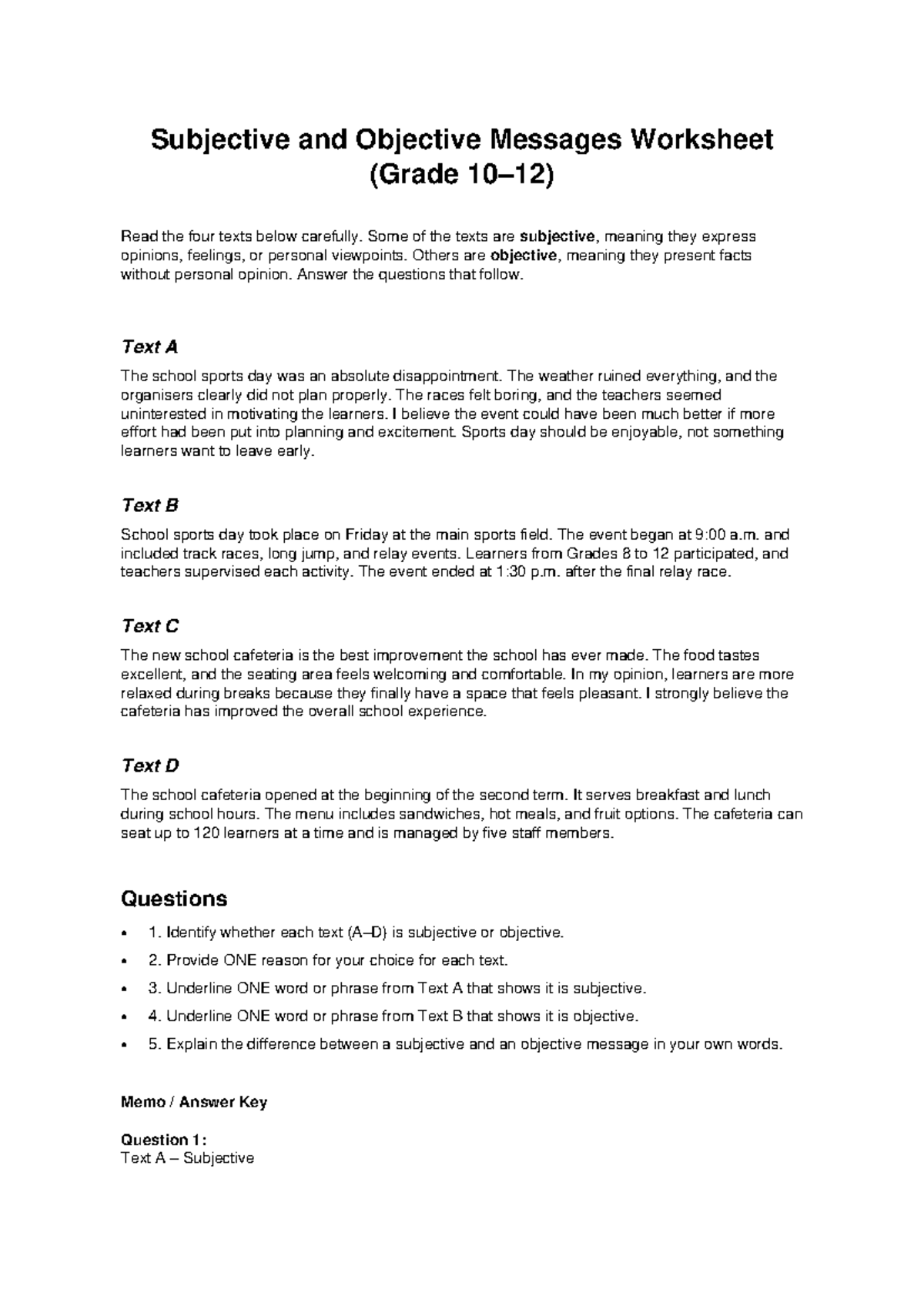 Subjective and Objective Messages Worksheet (Grade 10-12) - Studocu