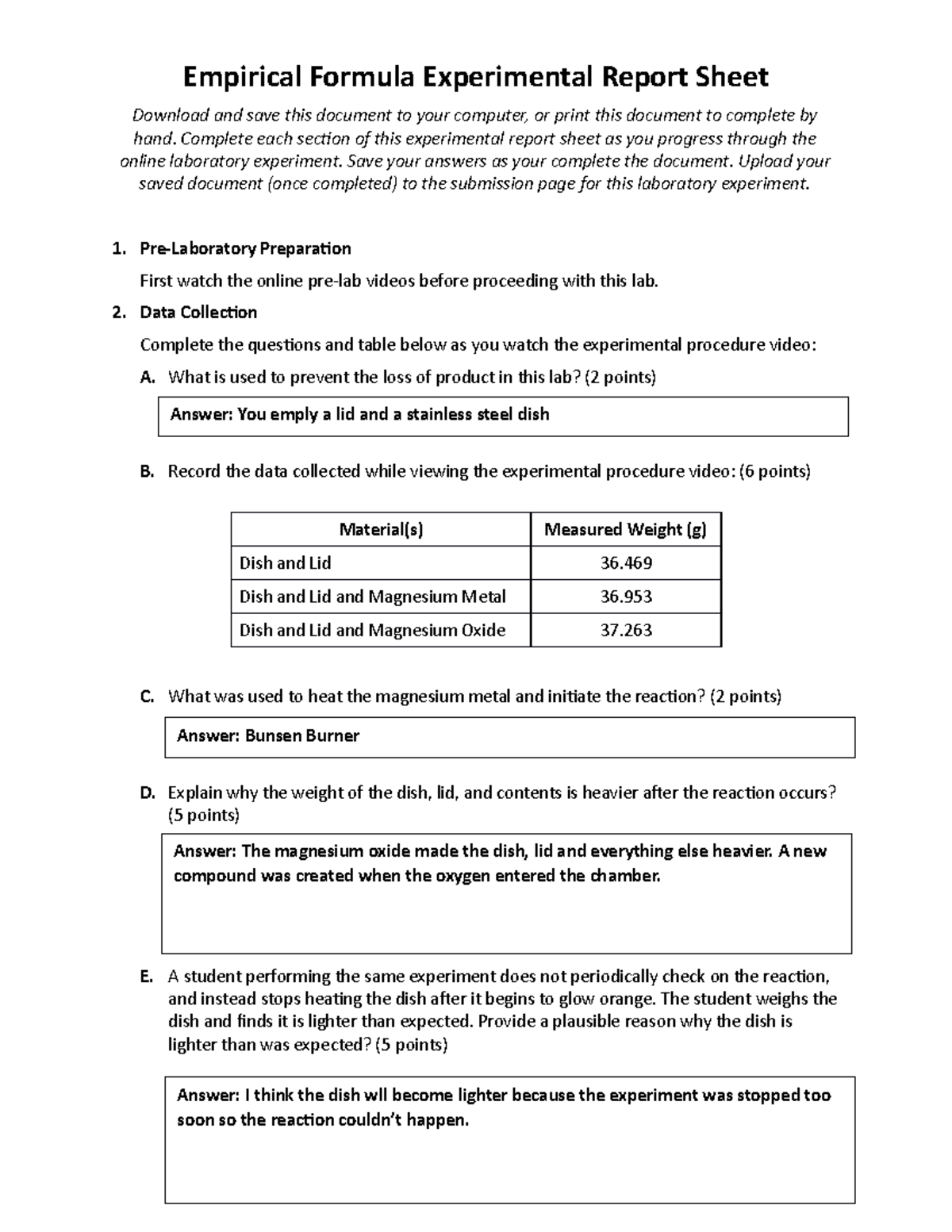 Empirical Formula Experimental Report Sheet - Complete each section of this experimental report ...