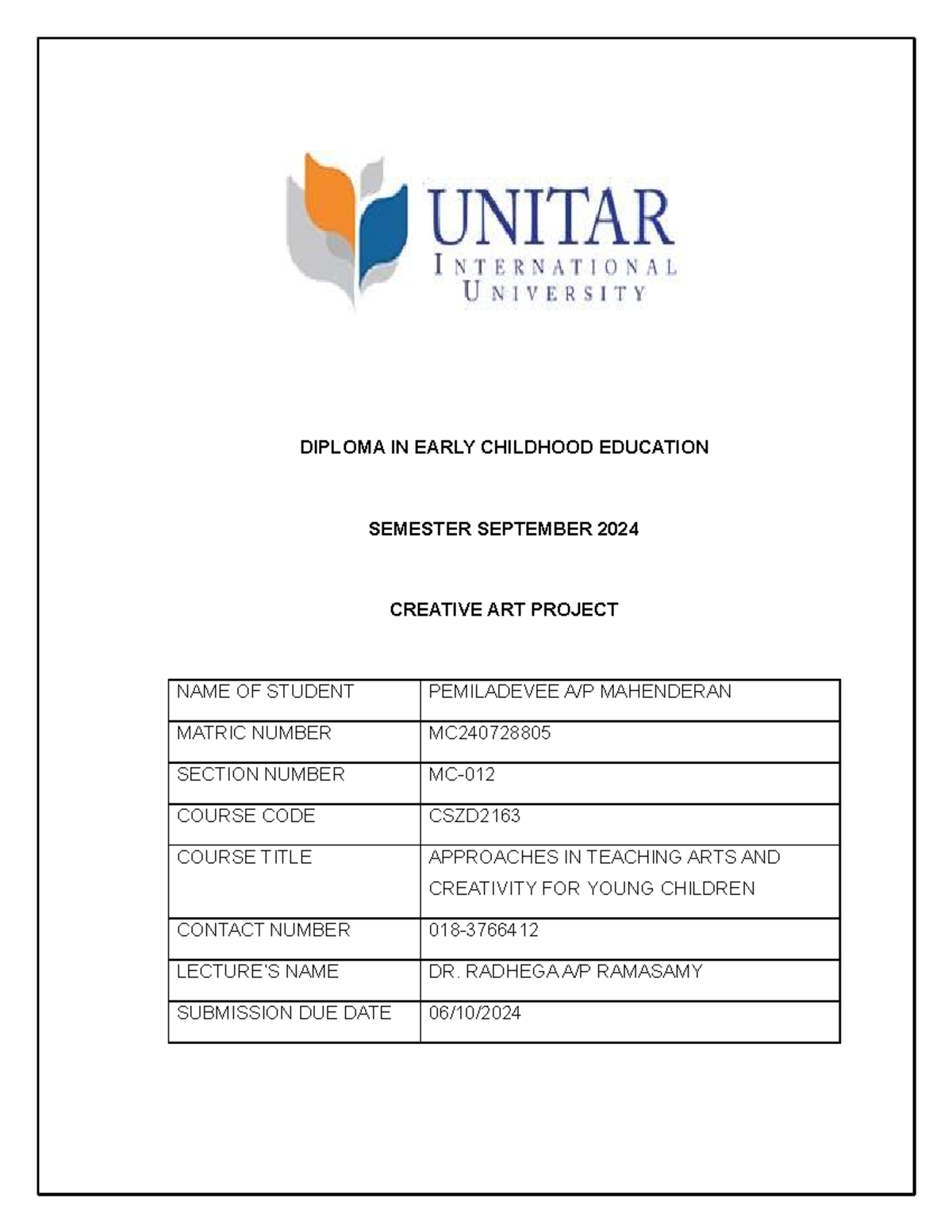 Creative Art Project Report - CSZD Approaches in Teaching Arts - Studocu