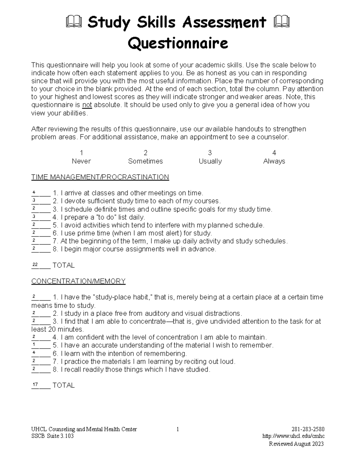 Study Skills Assessment Questionnaire: Self-Evaluation Tool - Studocu