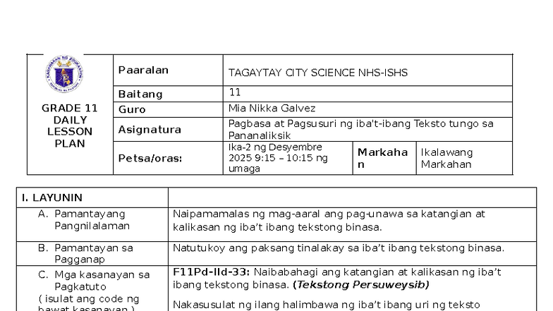 GRADE 11 DAILY LESSON PLAN: Pagbasa at Pagsusuri ng Teksto (CO1) - Studocu