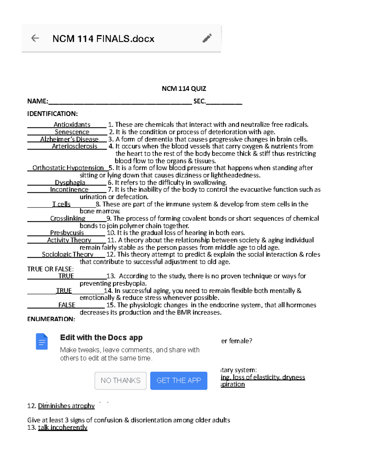 NCM-114 Final Exam Review: Key Concepts on Aging and Health - Studocu