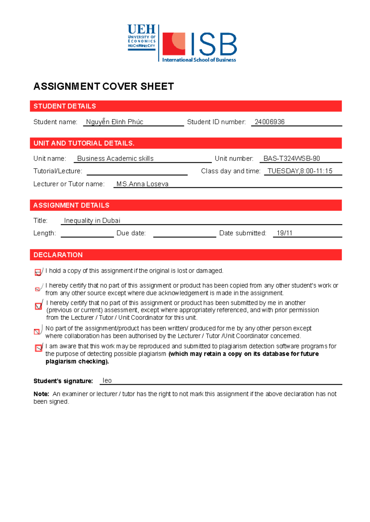 Individual Assignment Cover Sheet ISB - ASSIGNMENT COVER SHEET STUDENT ...