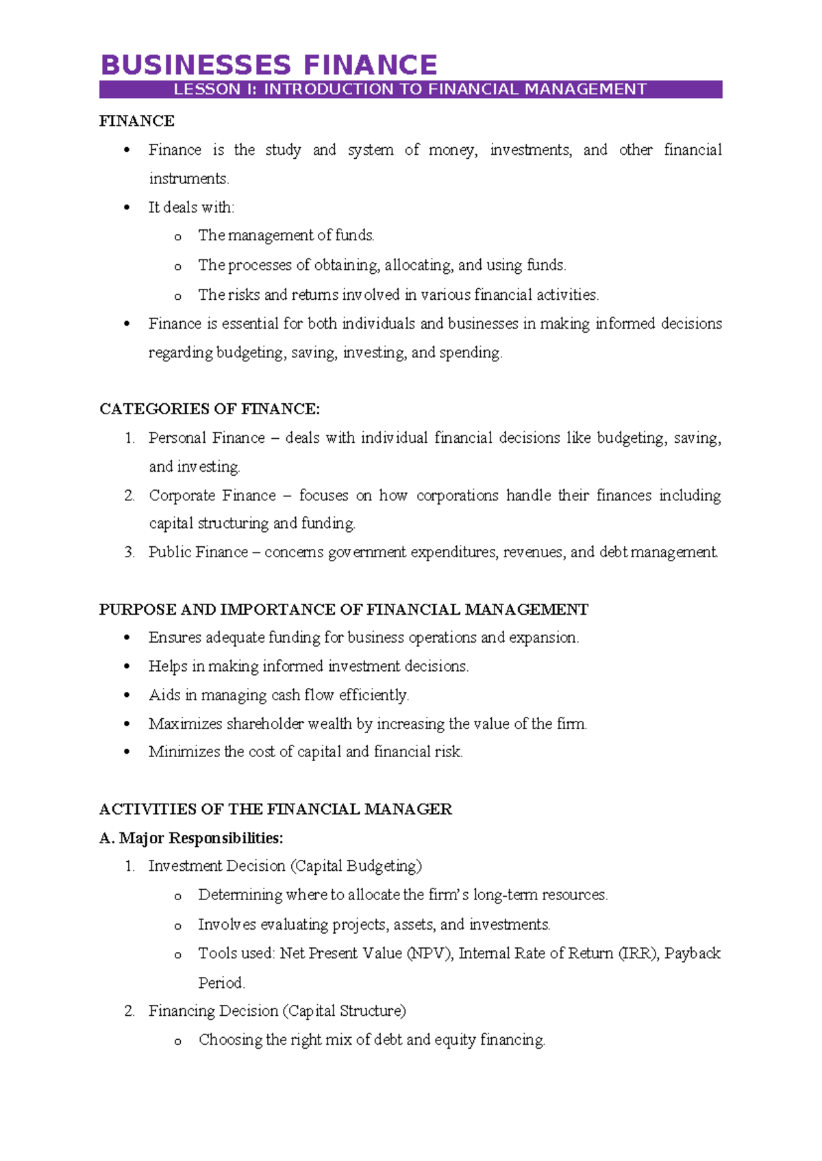 BUS 101: Lesson I - Introduction to Financial Management - Studocu