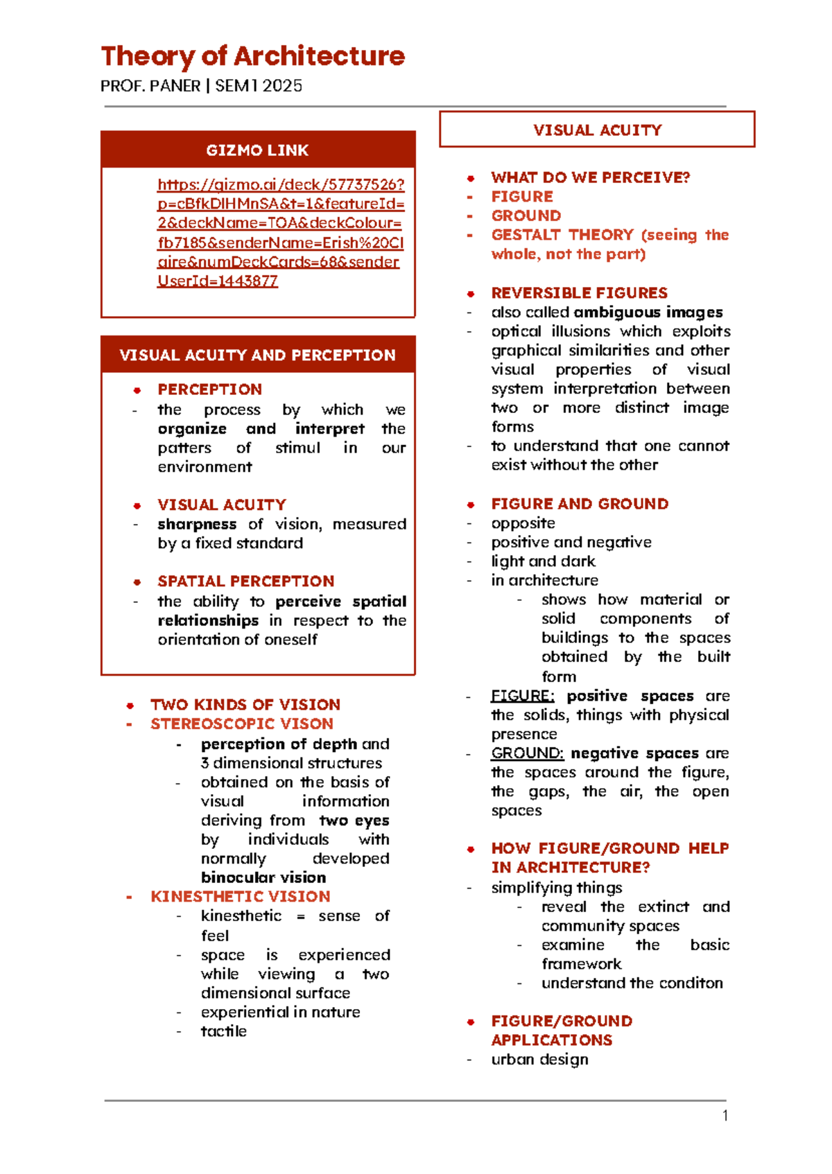 Theory of Visual Acuity and Perception - PROF. PANER SEM 1 2025 - Studocu