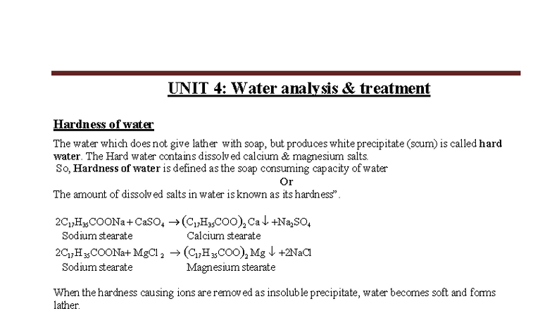 UNIT 4: Water Treatment and Hardness Analysis - Studocu