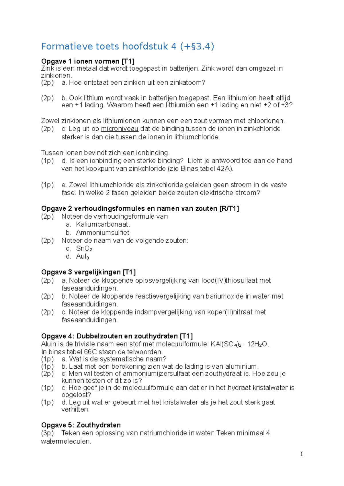 Formatieve Toets Hoofdstuk 4 - Havo 4: Ionen en Zouthydraten - Studeersnel