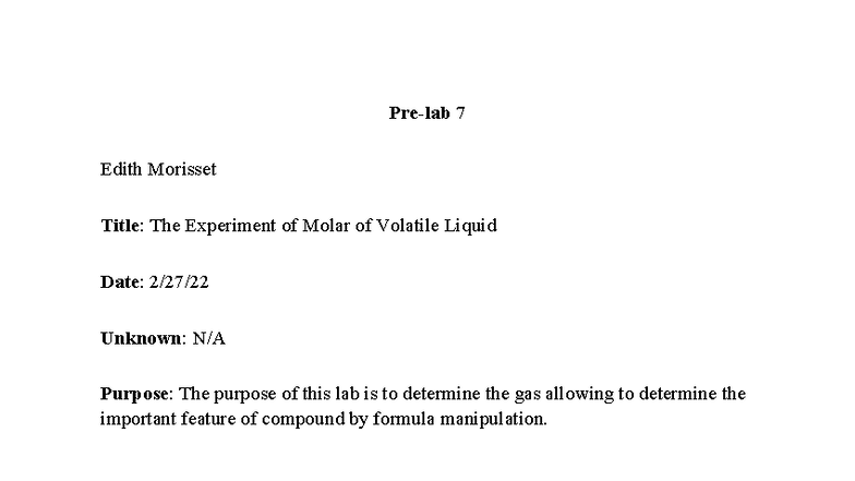 7 CHEM 101 Pre Lab: Molar Mass of Volatile Liquids Experiment - Studocu
