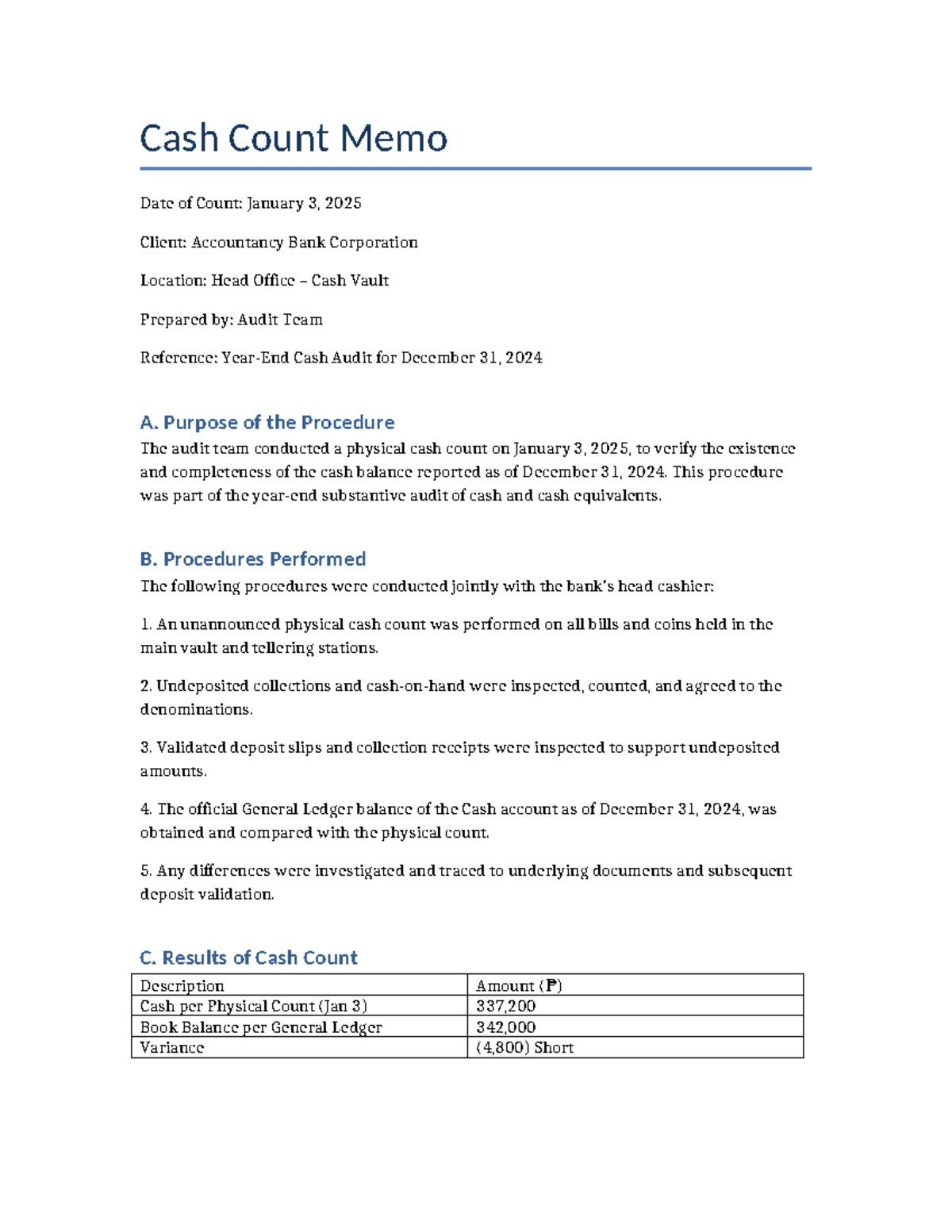 Cash Count Memo: Audit Procedures & Results for ABC Bank 2024 - Studocu