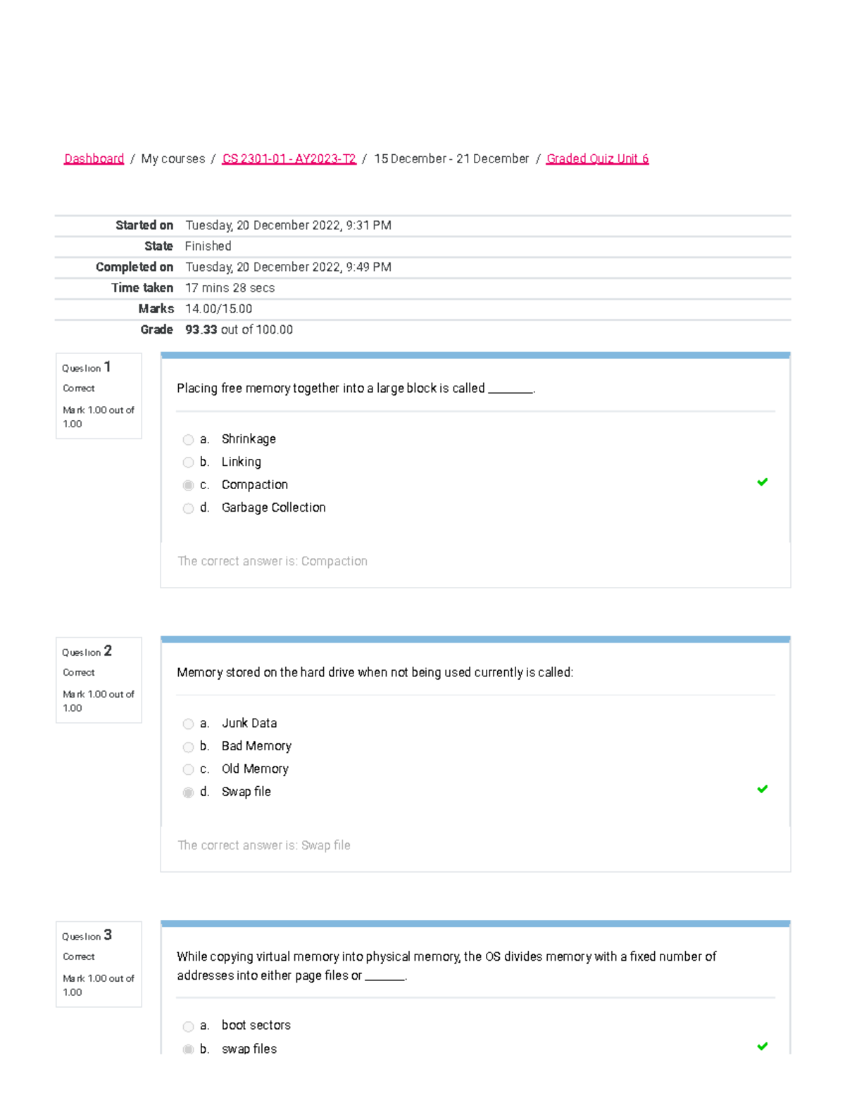 CS 2301 graded quiz unit 6 - Question 1 Correct Mark 1 out of 1 ...