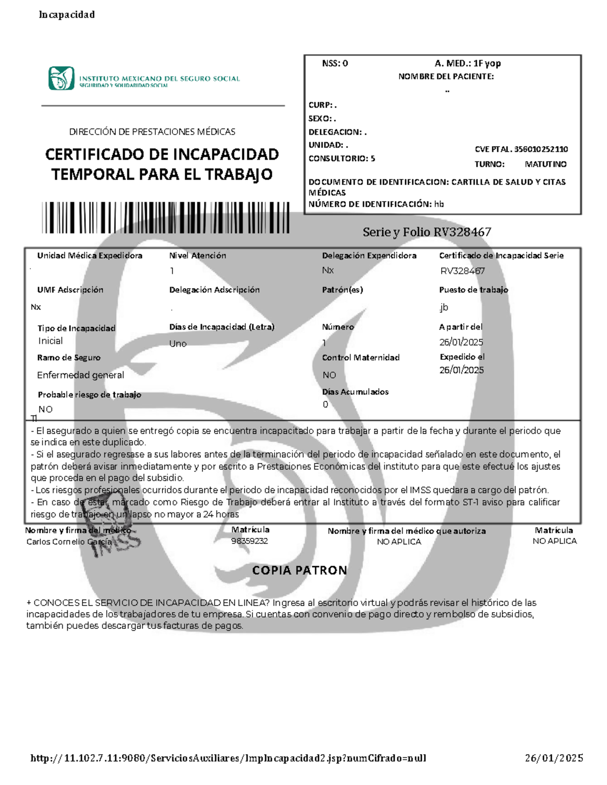 Certificado de Incapacidad IMSS - Formato Editable 622180827 - Studocu
