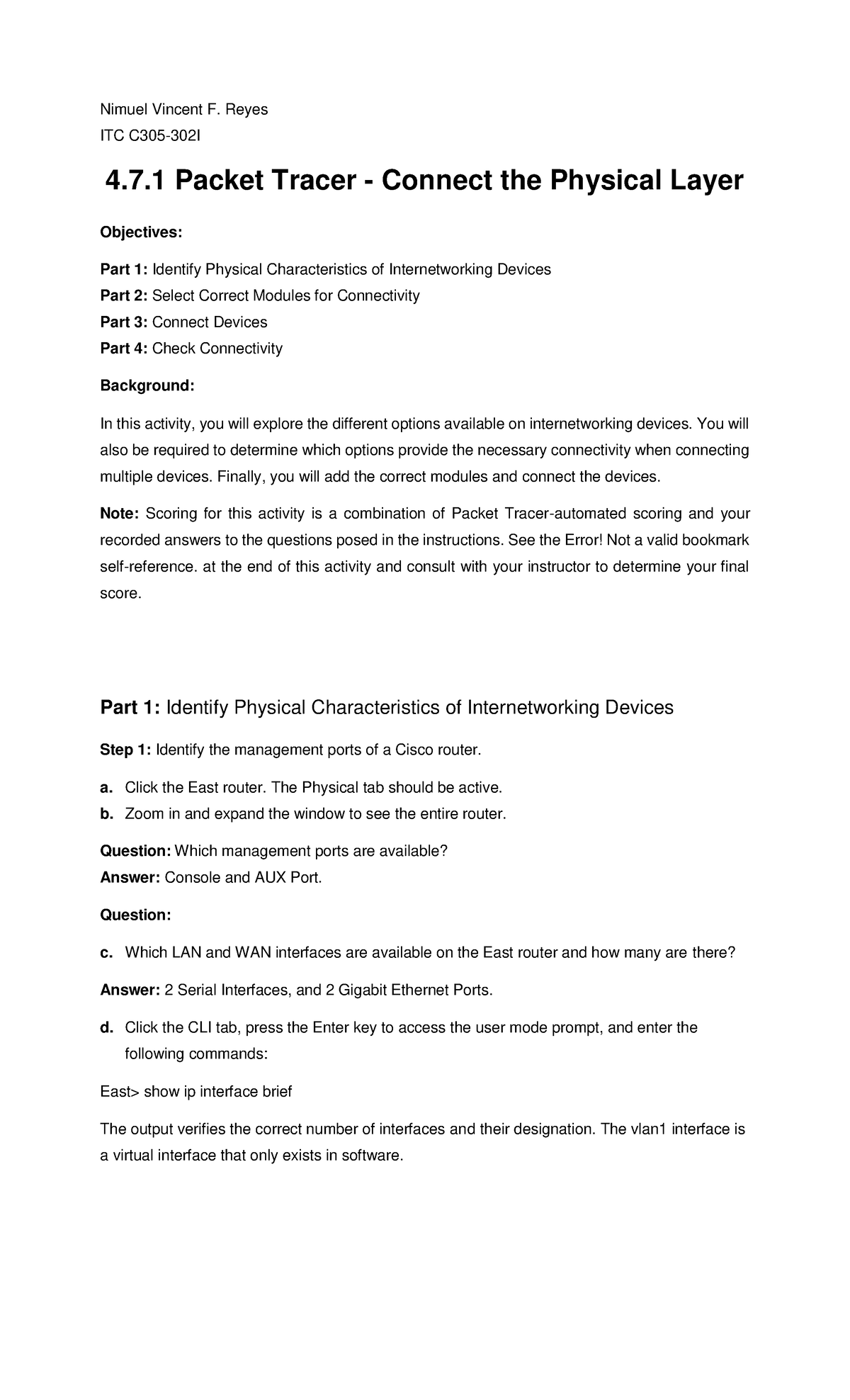 4.7.1 Packet Tracer: Physical Layer Connections - ITC C305-302I - Studocu