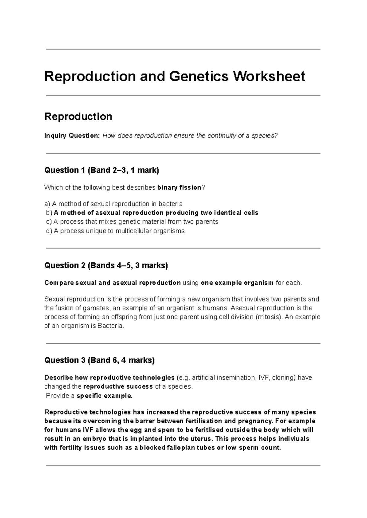 HSC Biology Module 5: Reproduction, Genetics & Inheritance Questions ...